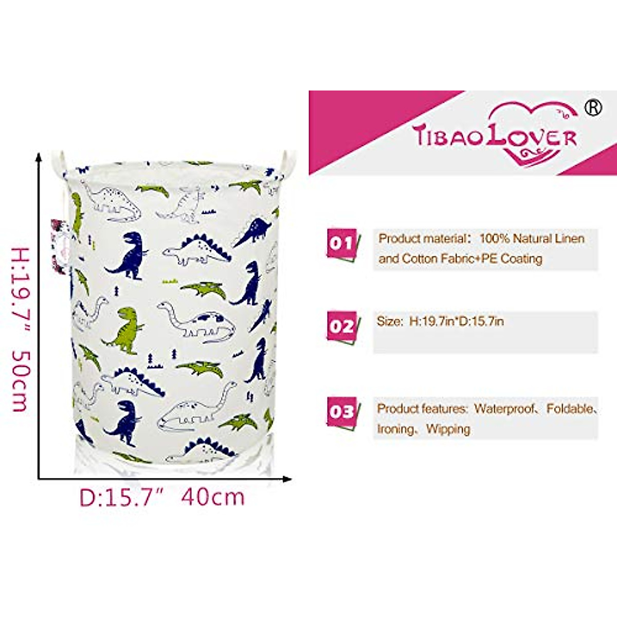 TIBAOLOVER Dinosaur Laundry Basket Baby Laundry Hamper Cute Kids Hamper Toy Storage Bin Handles for Boys and Girls Dinosaur Room Decor (Polychrome Dinosaurs)