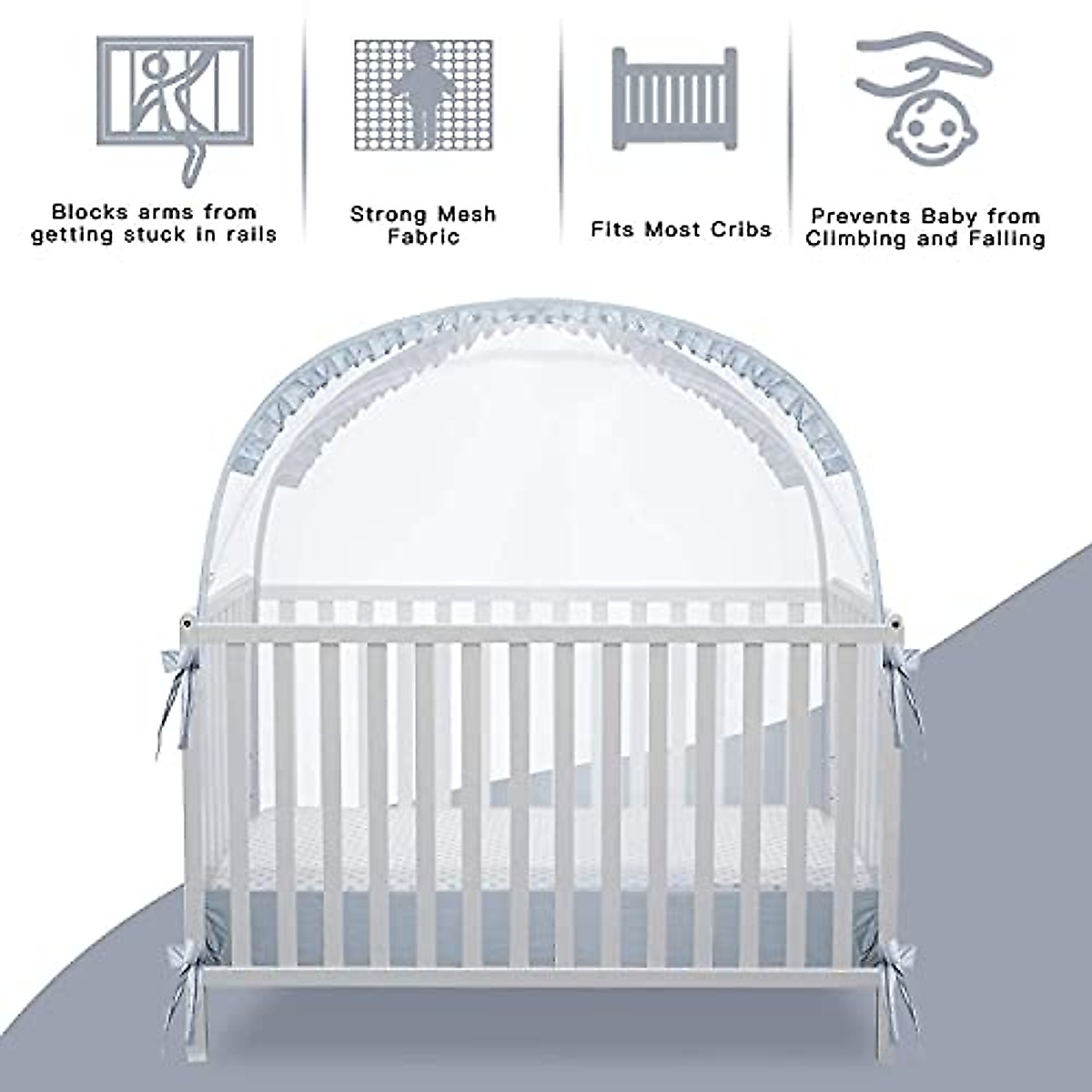 L RUNNZER Baby Safety Crib Tent to Keep Baby from Climbing Out,Pop Up Crib Tent to Protect Your Baby from Falls and Bite,See Through Mesh Top Nursery Mosquito Net