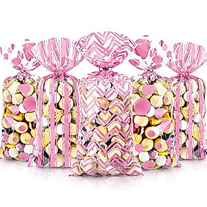 105 PCS Baby Shower Cellophane Treat Bags, Gender Reveal Candy Bag Polka Dot Stripes Printed Plastic Goodie Favor Bags with 100 Silver Twist Ties for Christmas Birthday Party Decor(Light Pink)