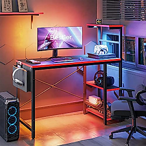 Bestier Gaming Desk with LED Lights, Computer Desk with 4 Tiers Shelves, 44 Inch Office Desk with Storage Bag & Printer Shelf (Black Carbon Fiber)
