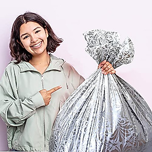 WISHOPE 6 Pieces 48" Jumbo Plastic Gift Wrapping Bags (Silver Damask) for Baby Shower, New Parents, Birthday, Wedding, Engagement Parties, Valentines Day