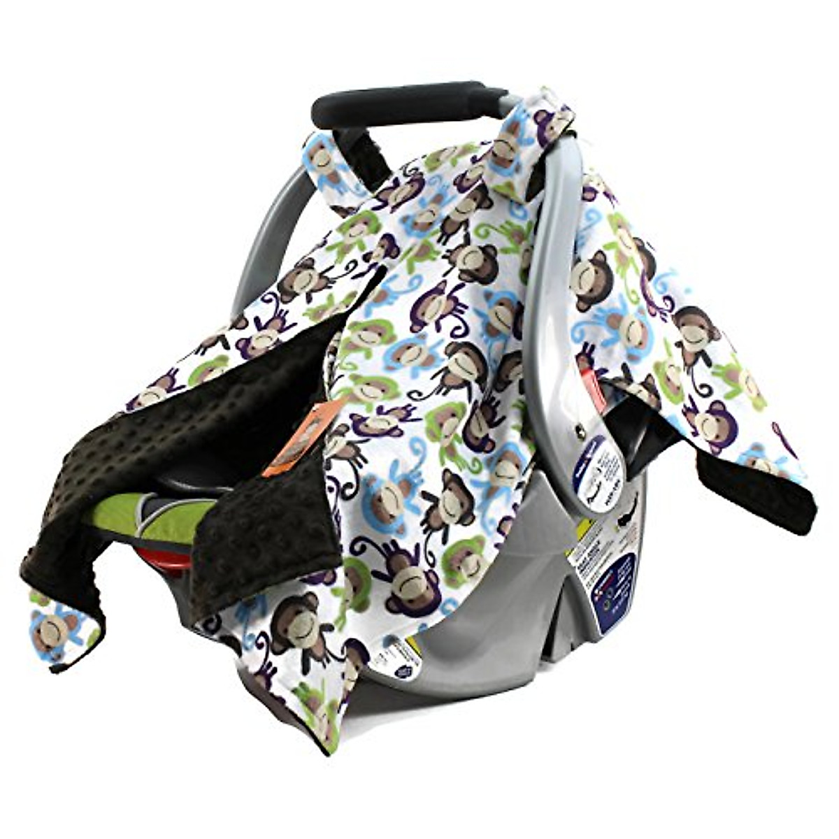Dear Baby Gear Deluxe Car Seat Canopy - Double Layer Infant Car Seat Cover - Soft and Breathable - Multi Colored Mischievous Monkeys Print/Brown Dot - 30" x 40"
