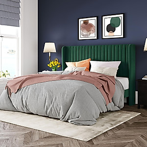 Allewie Queen Size Bed Frame/Velvet Upholstered Platform Bed/Vertical Channel Tufted Wingback Headboard/Strong Wooden Slats/No Box Spring Needed/Easy Assembly/Green