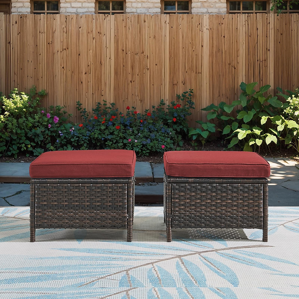 Outdoor Ottoman Set of 2 - PE Wicker Rattan Ottoman Patio Footstool for Deck Porch Balcony Garden - Brown/Red