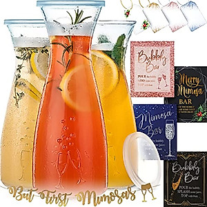 PRESTIGE Mimosa Bar Kit - Glass Carafe with Lids 27oz & Brunch Decor, Mimosa Pitcher w/Plastic Carafe Lid, Bubbly Juice Carafes for Mimosa Bar Supplies, Baby Bridal Shower (Mimosa Set (3 Carafes))