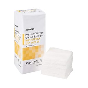 McKesson Premium Woven Gauze Sponges, 12-Ply Non-Sterile, USP Type VII, 100% Cotton, 4 in x 4 in, 200 per Pack, 1 Pack