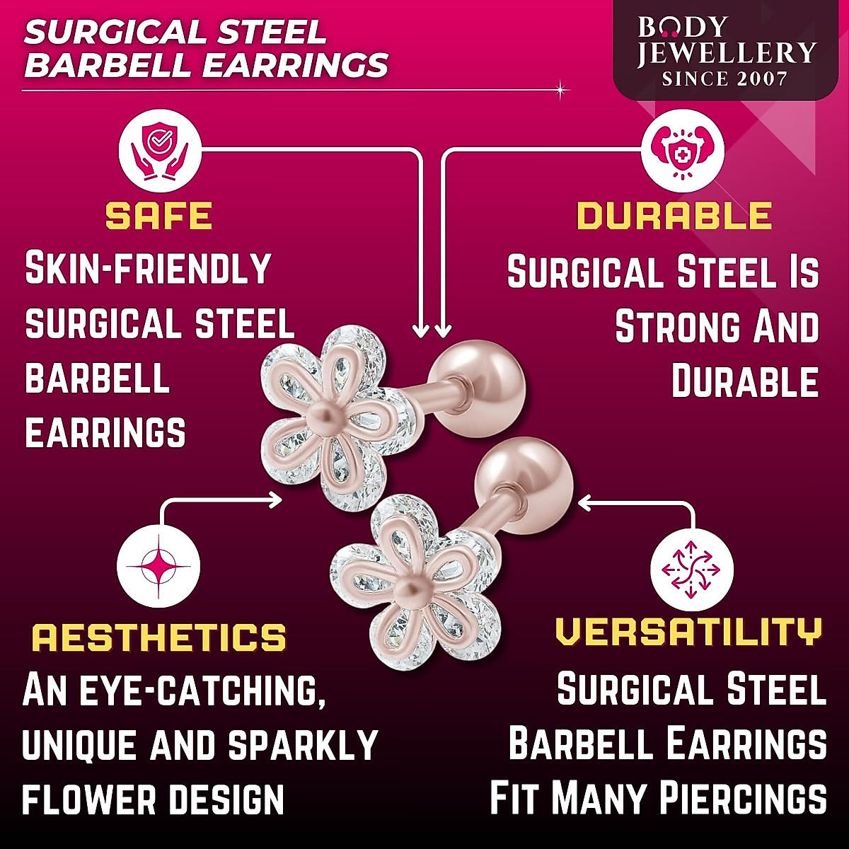 bodyjewellery 2pcs 16g 1/4 Cartilage Earring Stud Flower Barbell Forward Heilix Tragus Lobe Auricle Cartilage Bar Surgical Steel CZ - RG