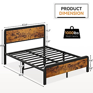 GarveeHome Queen Bed Frame with Headboard, Industrial Metal Platform Bed Frame, Rounded Corners, No Box Spring Needed, Noise Free, Rustic Brown