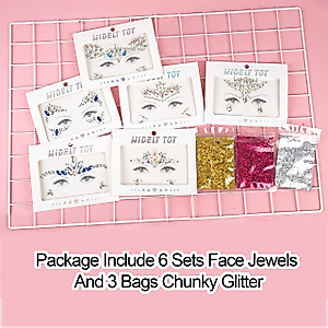 6 Sheets Face Jewels Gems Self-adhesive Rhinestone, 30g Chunky Body Eye Hair Glitter, Rave Festival Outfits Clothes Iridescent Crystals Stickers Rainbow Body Makeup Tattoo Kit(3 luminous)