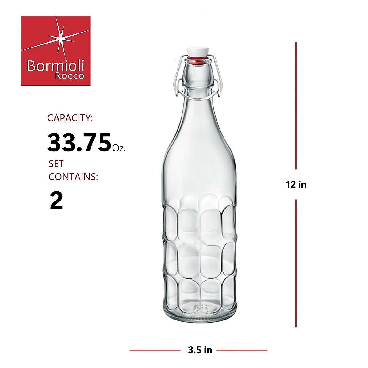 Bormioli Rocco Set Of 2 Moresca Bottles, 33.75 Oz. Clear Textured Glass, With Swing Top Hermetic Lid, Leak Proof Water Bottle, Dishwasher Safe, Made In Italy