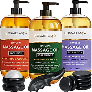 Cosmetasa Luxury Spa Treatment Gift Set- Relaxation, Nourish and Sore Muscle Massage Oil with Hot Stones, Roller Ball and Thumb Saver Massage Tools