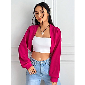 SweatyRocks Women's Casual Long Sleeve Ribbed Knit Top Open Front Cropped Cardigan Sweater Hot Pink M