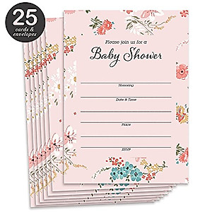 Digibuddha DB Party Studio 25 Baby Shower Invitations for Girls with Envelopes (Pack of 25) Pink Floral Baby Girl Shower Invite Cards Fill In Adorable Sip and See Cute Excellent Invites VI0055B