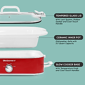 Elite Gourmet MST-5240 Casserole Crock Slow Cooker, Locking Lid Adjustable Temperature Keep Warm Oven & Dishwasher-Safe Casserole Pan, 3.5Qt Capacity, Red