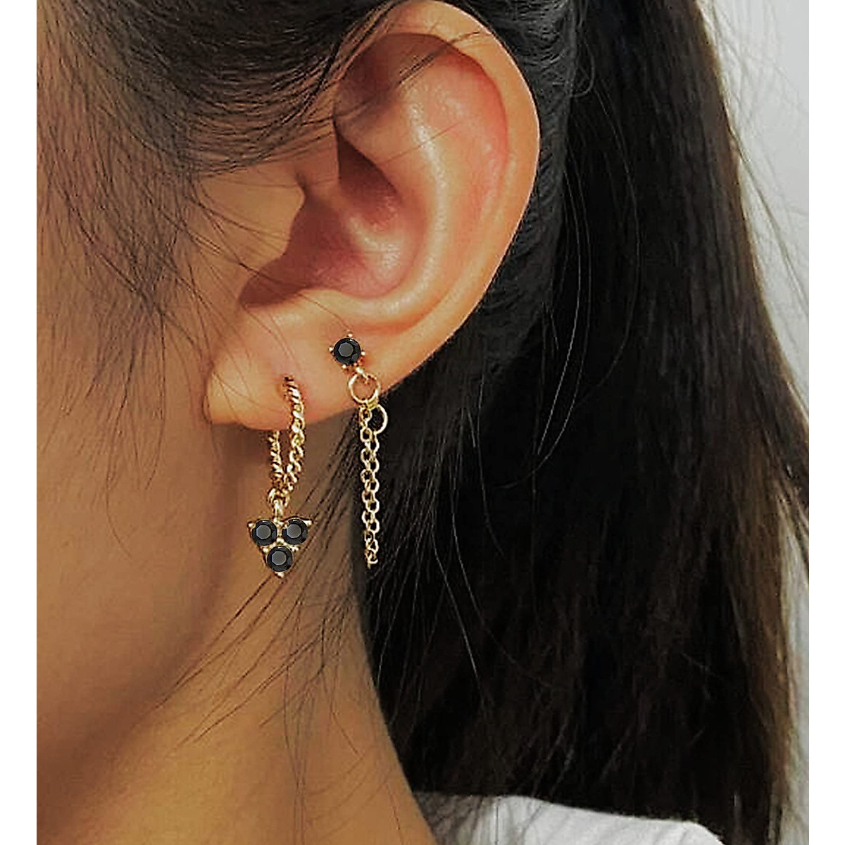 5 Pairs Gold Huggies Hoop Earrings Set for Women Girls Small Dangle Chain Hoop Earrings Jewelry for Gifts (Gold-Black)