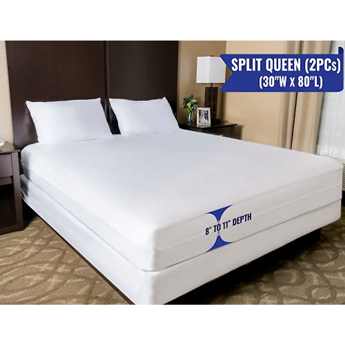 Split Queen Mattress/Box Spring Encasement 30" x 80" (2PCs) - Waterproof Zippered Protector Premium Quality Hypoallergenic Bed Cover Protects Against Dust - Breathable Smooth Fabric