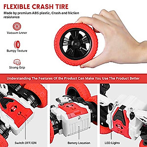 Remote Control Car, Double Sided RC Car, 4WD Off-Road Stunt Car with 360° Flips, 2.4Ghz Indoor/Outdoor All Terrain Rechargeable Electric Toy Cars Gifts for Boys Kids 3 + Year Old (Red)