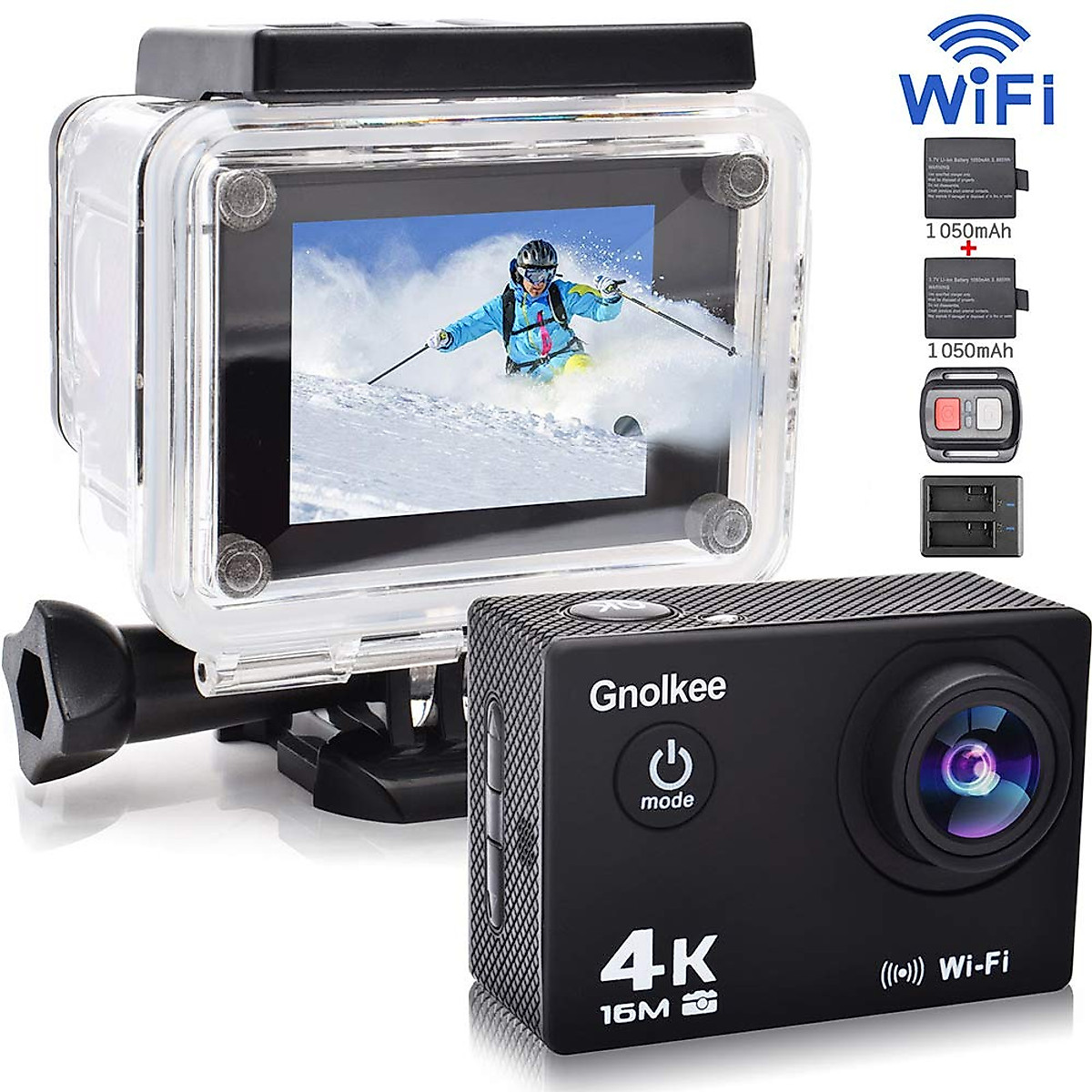 GNOLKEE WiFi Action Camera, 4K 16MP Underwater Camera, 170 Wide-Angle Sports Camera with Remote Control, 2 Batteries, 32GB TF Card, 24 Accessory Installation kit [2024 Upgrade]