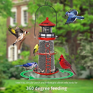HSHD Solar Lighthouse Bird Feeder with Rotating Beacon Lamp - 14" Hanging Mesh Wild Bird Feeders for Outdoor Garden Decor Patio Lawn(Red)
