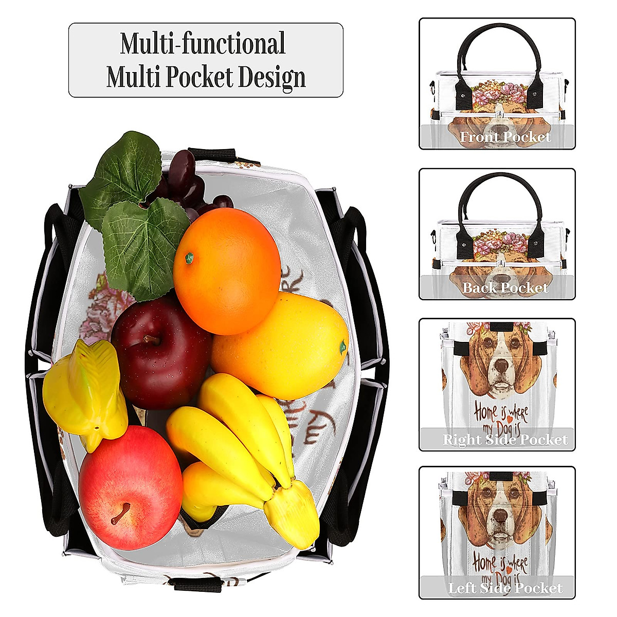 Insulated Lunch Bag for Women, Beagle Dog Home Leakproof Lunch Tote Bag Reusable Large Lunch Box Thermal Cooler Lunch Bags with Shoulder Strap, Side Pockets, Water Bottle Holder
