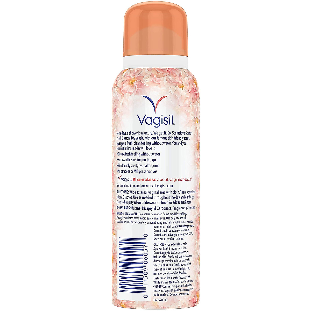 Vagisil Scentsitive Scents Feminine Dry Wash Deodorant Spray for Women, Gynecologist Tested, Paraben Free, Peach Blossom, 2.6 Ounce (Pack of 1)