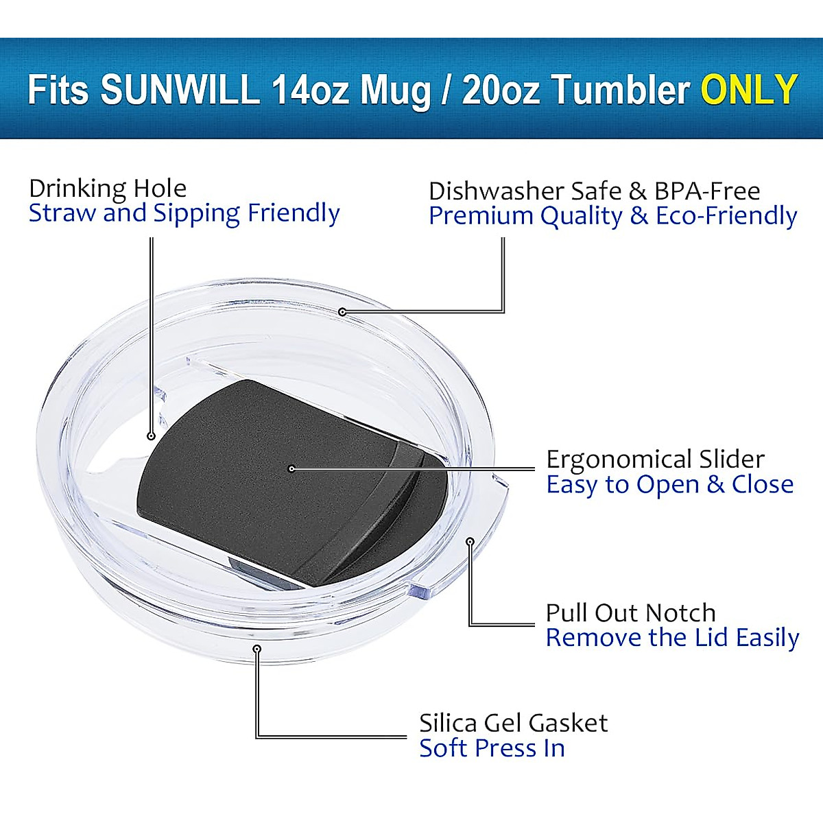 Lid for SUNWILL 14oz Mugs and 20oz Tumblers Only, Spill and Splash Resistant Sliding Covers Replacement 2 Pack Black, Straw Friendly, BPA Free