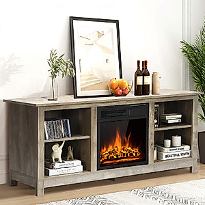 Tangkula Fireplace TV Stand for TVs up to 65 Inches, 58 Inches Media Console Table w/Fireplace, 1500W Electric Fireplace Stove TV Storage Cabinet w/Remote Control, Adjustable Brightness & Heat