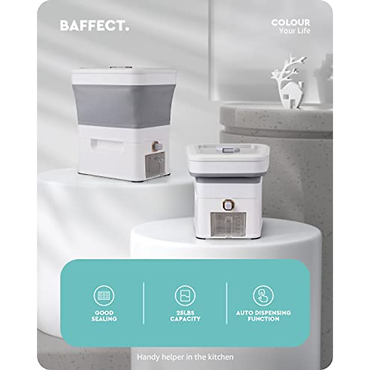 Baffect Rice Dispenser, Collapsible 10 to 25 Lbs Rice Food Storage Containers with Airtight Lid and Measuring Cup, Large Food Dispenser Kitchen Organization for Rice, Beans, Grains, Corn