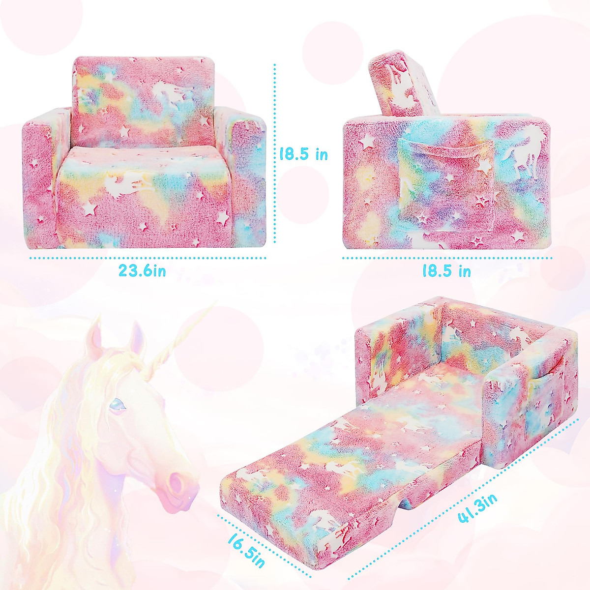 SLIGUY Toddler Couch, Toddler Chair, Fold Out Kids Sofa Chair, Toddler Convertible Sofa to Lounger Pull Out Couch, Glow in Dark Sofa Chair Birthday Gifts for Boys and Girls (Pink)