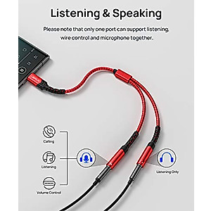 JSAUX USB C Microphone Adapter, USB C to Dual 3.5mm Female Aux Headphone Jack Y Splitter Mic Audio Adapter, Compatible with Samsung Galaxy S21/S20 ,Pixel 4/3/2 XL,Huawei P40/P30 Pro/P20,Oneplus 7-Red