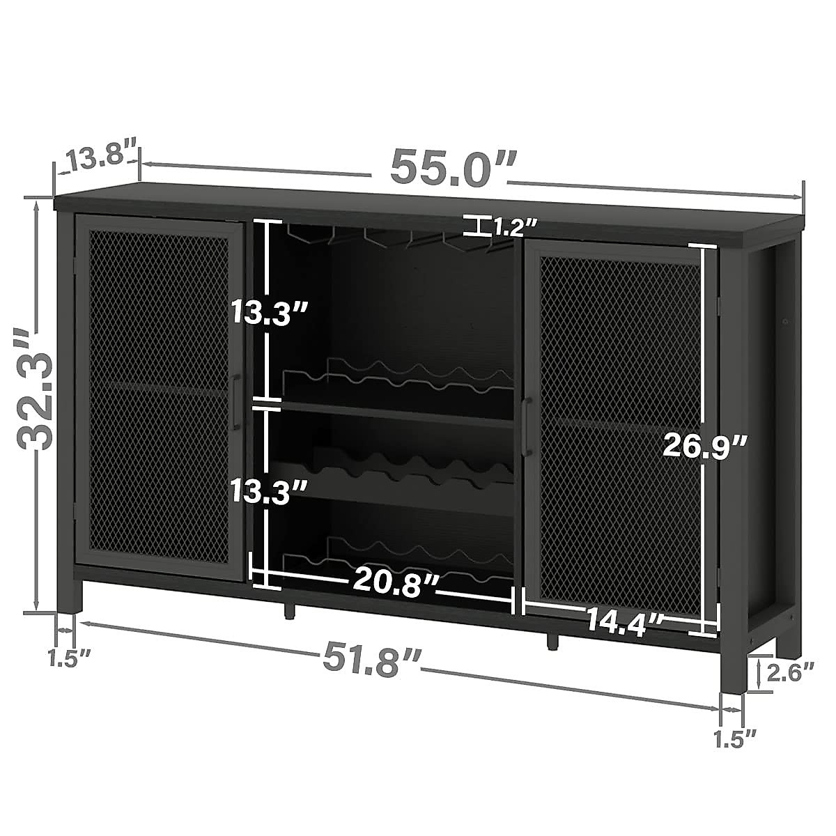 IBF Black Coffee Bar Cabinet, Liquor Cabinet with Wine Rack Storage, Industrial Kitchen Buffet Cabinet for Liquor and Coffee, Farmhouse Wine Cabinet for Home Living Dining Room, Black Oak, 55 Inch