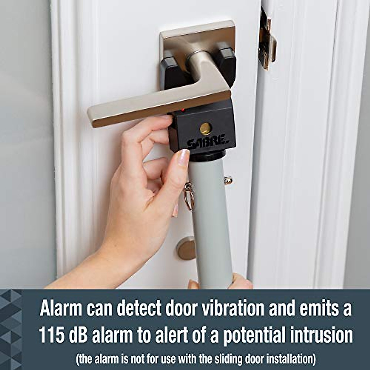 SABRE Adjustable Door Security Bar with Vibration Detecting Alarm, 115dB Alarm Audible Up To 1,100 Ft (335 m), Adjusts To Fit Most Hinged & Sliding Doors, Rubberized Foot for Strong Grip, Collapsible