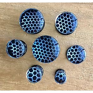 Lobal Domination PAIR of Black Honeycomb Design Pyrex Glass Double Flare Plugs Gauges Body Jewelry (10mm (00g))