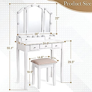 Vanity Desk with Mirror and Lights Makeup Vanity with Lights and Tri-Folding Mirror,Vanity Table with Lights,Makeup Vanity with Drawers,Vanity Mirror with Lights Desk and Chair Makeup Desk for Girl