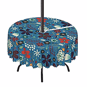 Botanical Pattern round outdoor tablecloth,Round Tablecloth with Umbrella Hole and Zipper for Patio Garden,Waterproof Spill-Proof,for Patio Garden Tabletop Decor(52" Round,Slate Blue Multicolor)