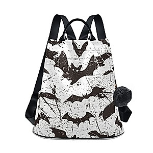 Vintage Bats Print Casual Backpack for Women, Fashion Anti Theft School Travel Backpack Purse 15 inch Full print Aesthetic with Fuzz Ball Key Chain Black