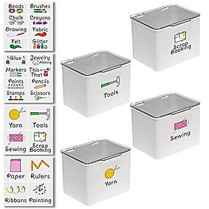 mDesign Stackable Plastic Craft, Sewing, Crochet Storage Container Box with Lid - Compact Organizer and Holder for Thread, Beads, Ribbon, Glitter, Clay - 4 Pack, Includes 32 Labels - Light Gray/Clear