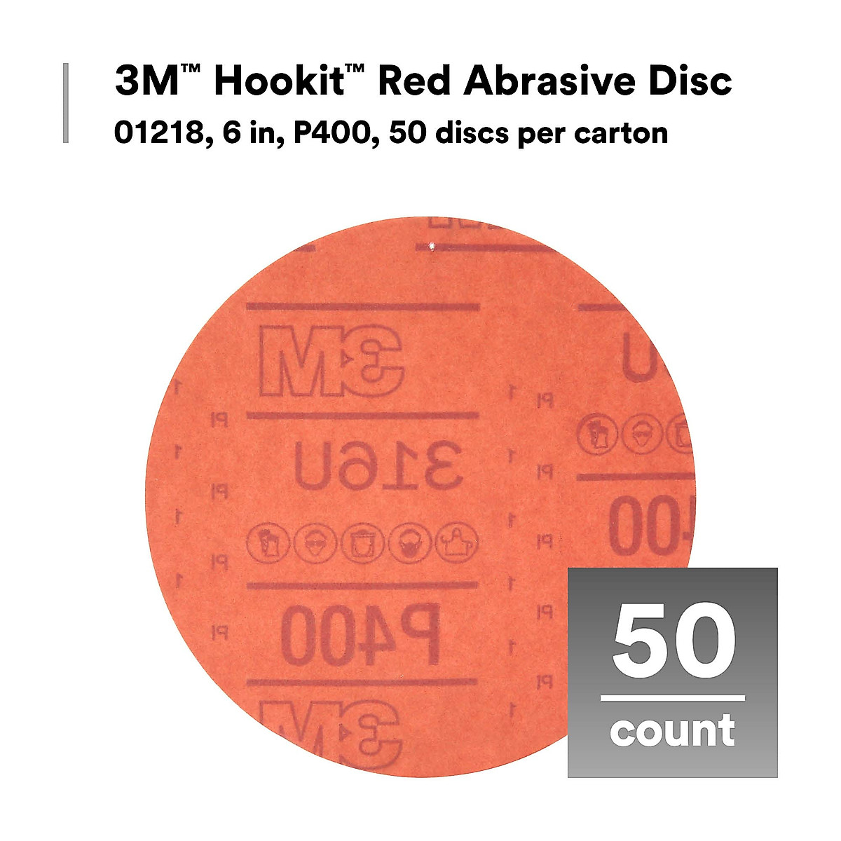 3M Hookit Red Abrasive Sanding Discs, 01261, No Hole, 6 in, 80+ Grade, Pack of 50 Discs, for Auto Sanding, Primer Sanding, E-Coat Sanding