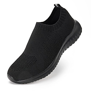 konhill Women's Walking Tennis Shoes - Lightweight Athletic Casual Gym Slip on Sneakers 7.5 Wide US A/All Black,38