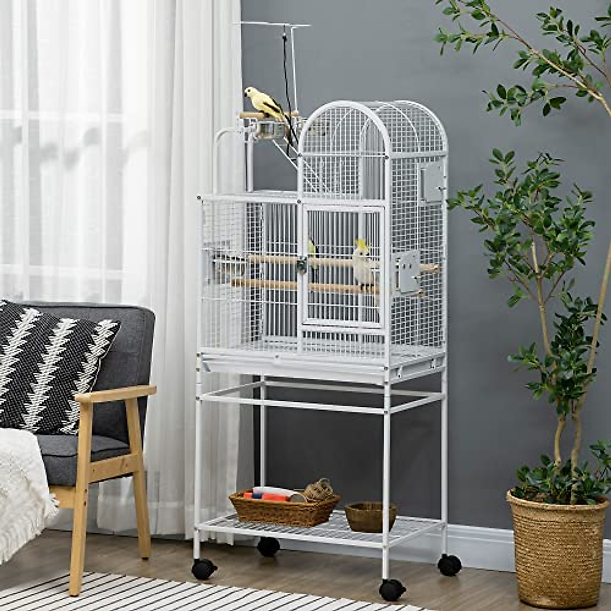 PawHut 55" Large Parrot Cage with Toy Hooks Above Top Bird Perch, Tray, Food Cups, Rolling Stand, Bird Cage for Cockatiels, Parakeets, Lovebirds