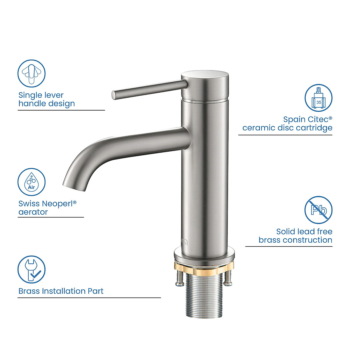 KIBI Circular Single Handle Bathroom Vanity Sink Faucet with Pop Up Drain | Solid Brass Lavatory Faucet with Water Supply Hose | Durable and Corrosion-Resistant | Brushed Nickel, KBF1008