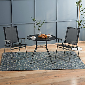 Tangkula 34 Inch Patio Dining Table, Round Tempered Glass Table with 1.5” Umbrella Hole, Heavy-Duty Metal Frame, Outdoor Metal Dining Table for Garden, Balcony, Porch