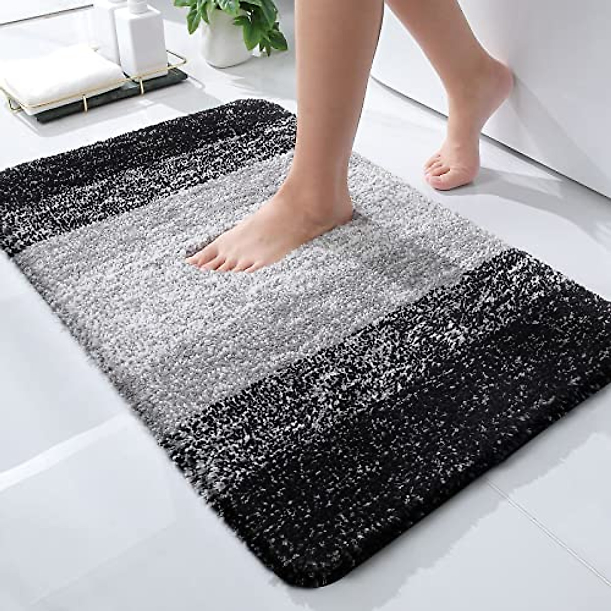 OLANLY Ombre Bath Rug and Toilet Rugs U-Shaped, Bath Rug Size 24x16 and Toilet Rugs Size 24x20 in Black, 2 Item Bundle