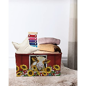 Sunflower Barn Cow Cube Storage Organizer Bins with Handles, 15x11x9.5 Inch Collapsible Canvas Cloth Fabric Storage Basket, Retro Farmhouse Animal Books Kids' Toys Bin Boxes for Shelves, Closet