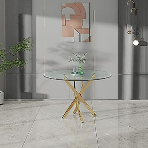 39" Round Dining Table, Glass Kitchen Dining Room Table for 4-6, Modern Circle Small Kitchen Table with 0.39" Tempered Glass Tabletop and Golden Stainless Steel Legs for Dinner Small Spaces