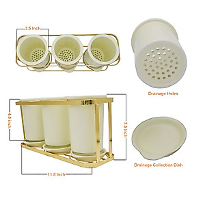 FORESEEX Ceramic Kitchen Outdoor Silverware Caddy Flatware Cutlery Holder Utensils Organizer with Drain Tray and Metal Rack for Spoons Knives and Forks (Light Yellow 3 Cups)