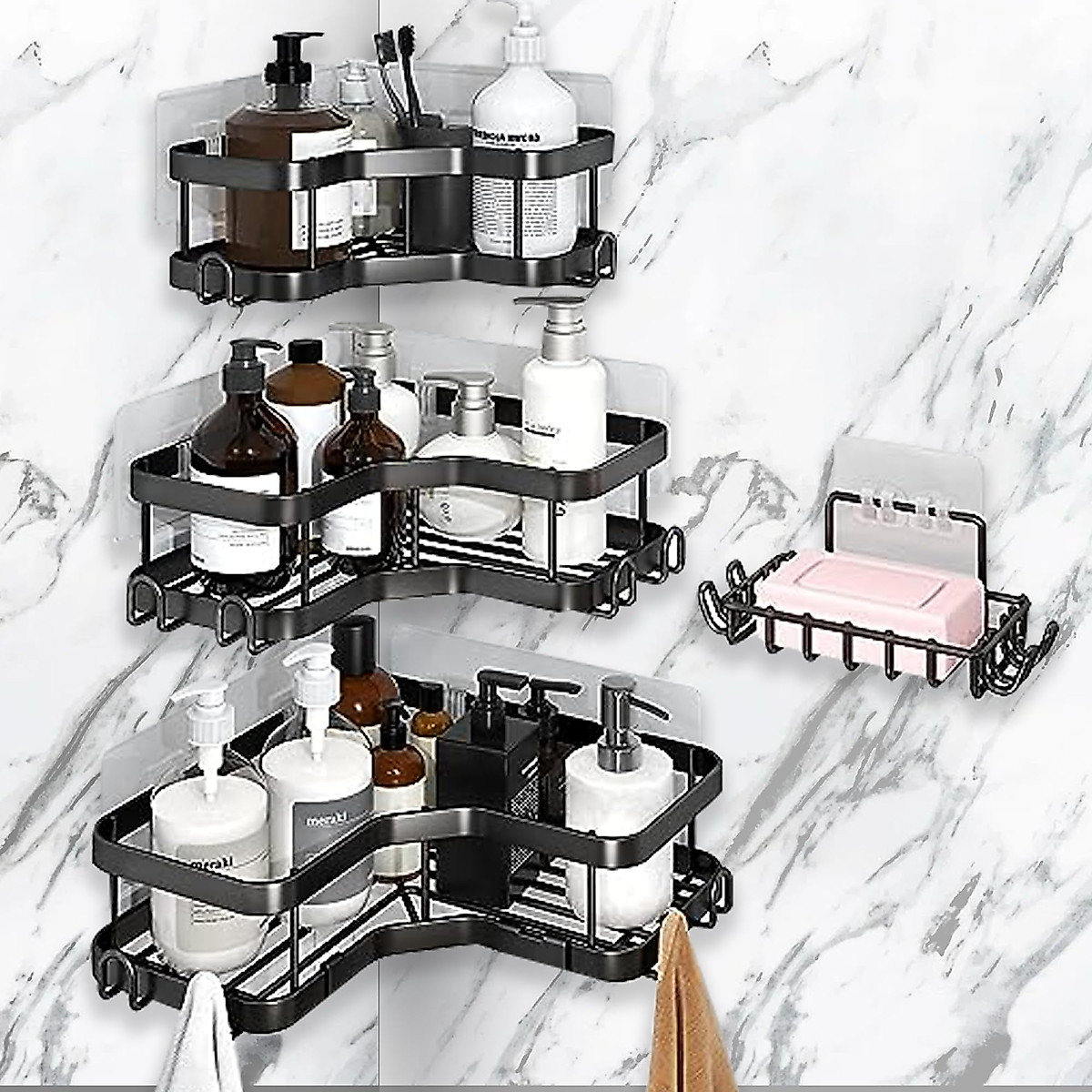 Modern Corner Caddy Stainless Steel Shelf for Shower, Adhesive Backing, 𝟵𝟬 𝗗egree Corner Shower Organizer Set with Soap Holder & Adjustable Hooks, Storage Shelves for Clutter-Free Washroom- Black