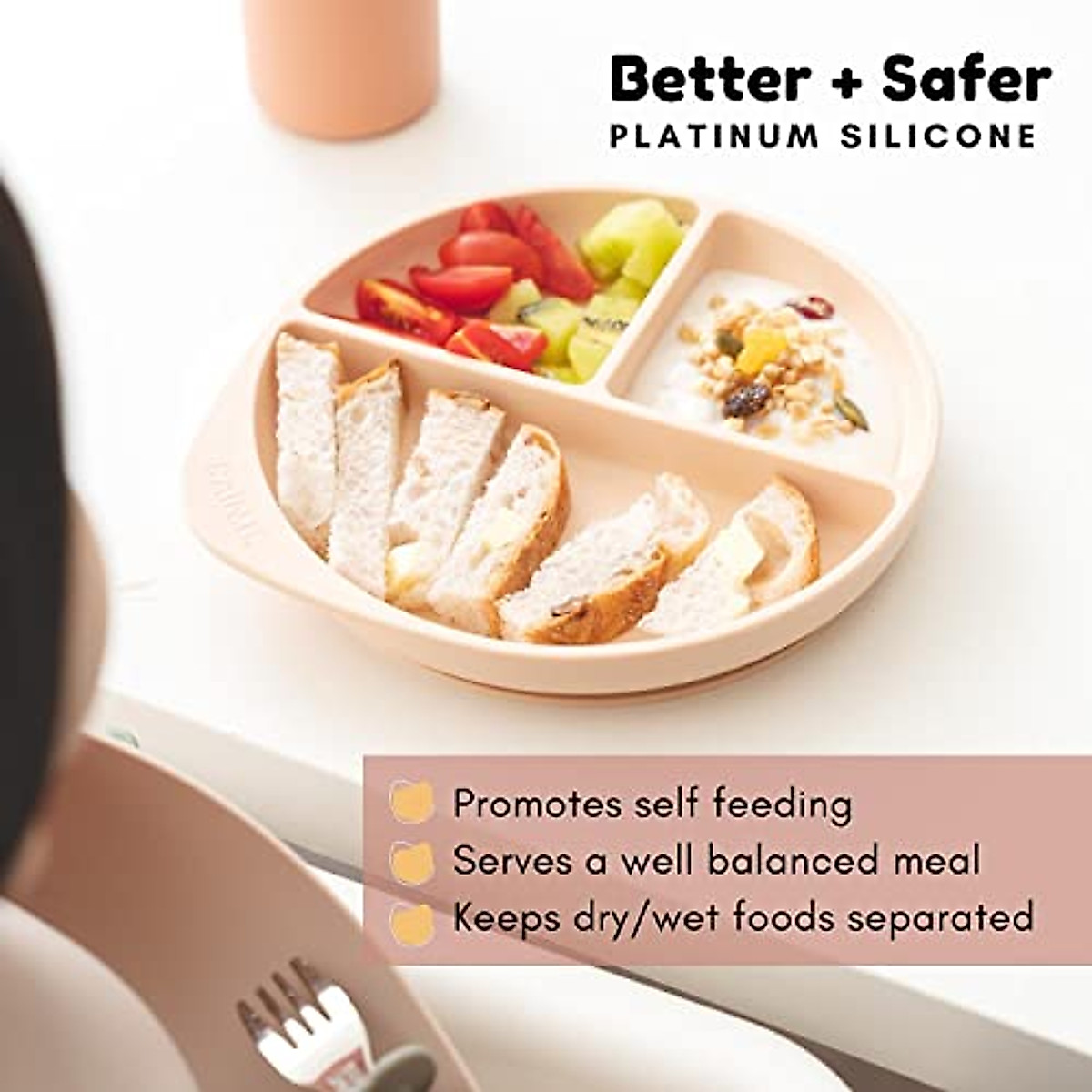 RAiN.B. MellowMate Pure Platinum Silicone Suction Plate for Baby & Toddlers｜Divided Baby Dish with 3 Compartments｜BPA-Free Non-Slip Baby Eating Supplies｜Microwave & Dishwasher Safe – Cloudy Grey