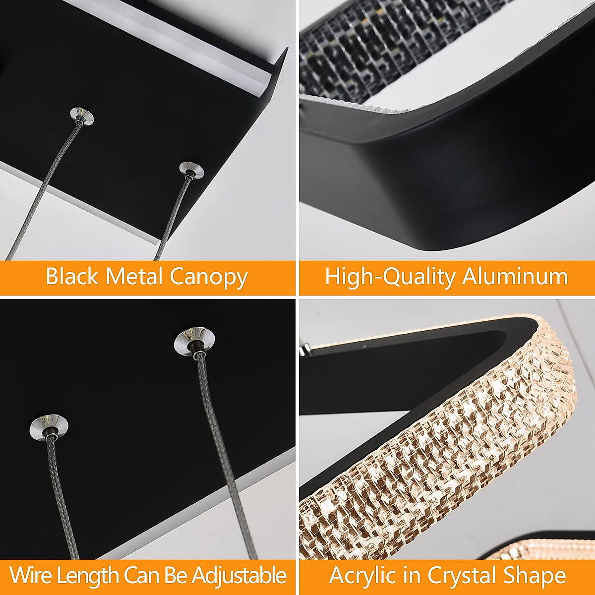 Dimmable Modern 70W LED Crystal Island Light with Remote 3 Color 3000K-6000K Adjustable 3 Black and Gold Square Rings Pendant Lighting for Modern Pendant Light for Dining Room Living Room