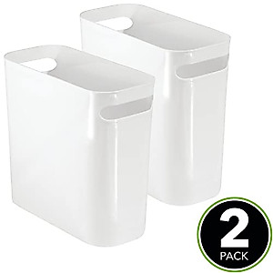 mDesign Plastic Small Trash Can, 1.5 Gallon/5.7-Liter Wastebasket, Narrow Garbage Bin with Handles for Bathroom, Laundry, Home Office - Holds Waste, Recycling, 10" High, Aura Collection, 2 Pack, White